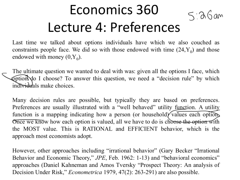 Economics 360 Lecture 4: Preferences, Utility Functions & MRS