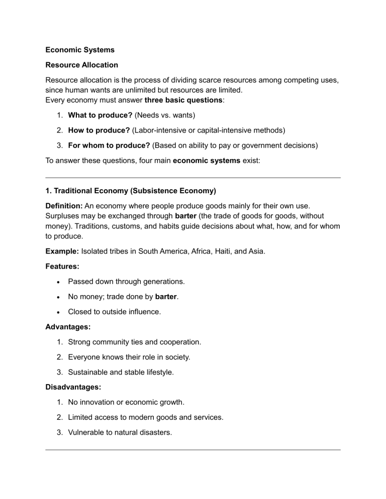 Economic Systems: Traditional, Command, Free Market, Mixed Economies