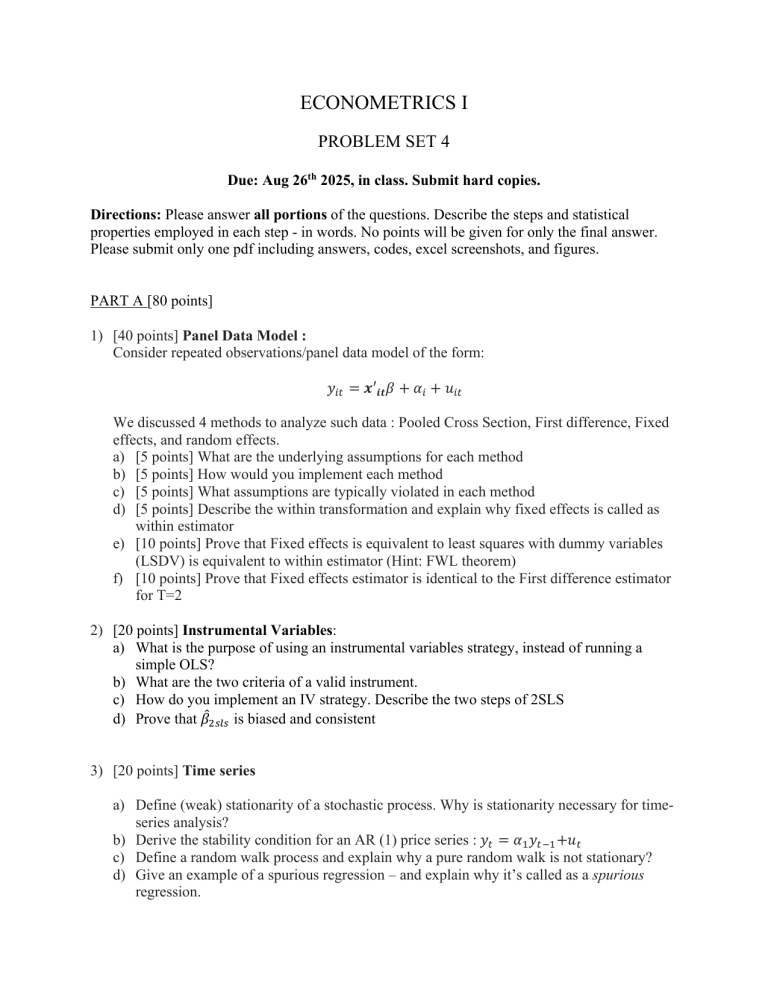 Econometrics Problem Set: Panel Data, IV, Time Series