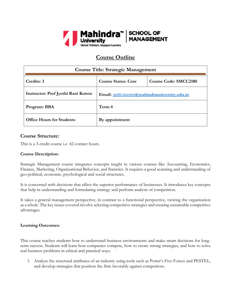 Strategic Management Course Outline - Mahindra University