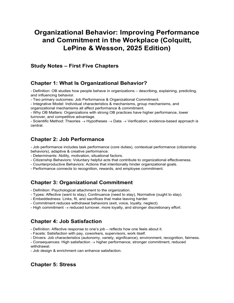 Organizational Behavior Study Notes: Performance, Commitment & Stress