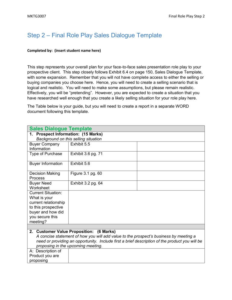 MKTG3007 Sales Dialogue Template: Final Role Play Step 2 Plan