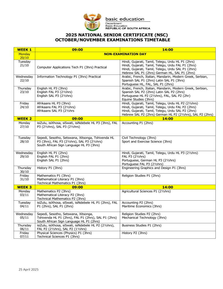 2025 NSC October/November Examinations Timetable - South Africa