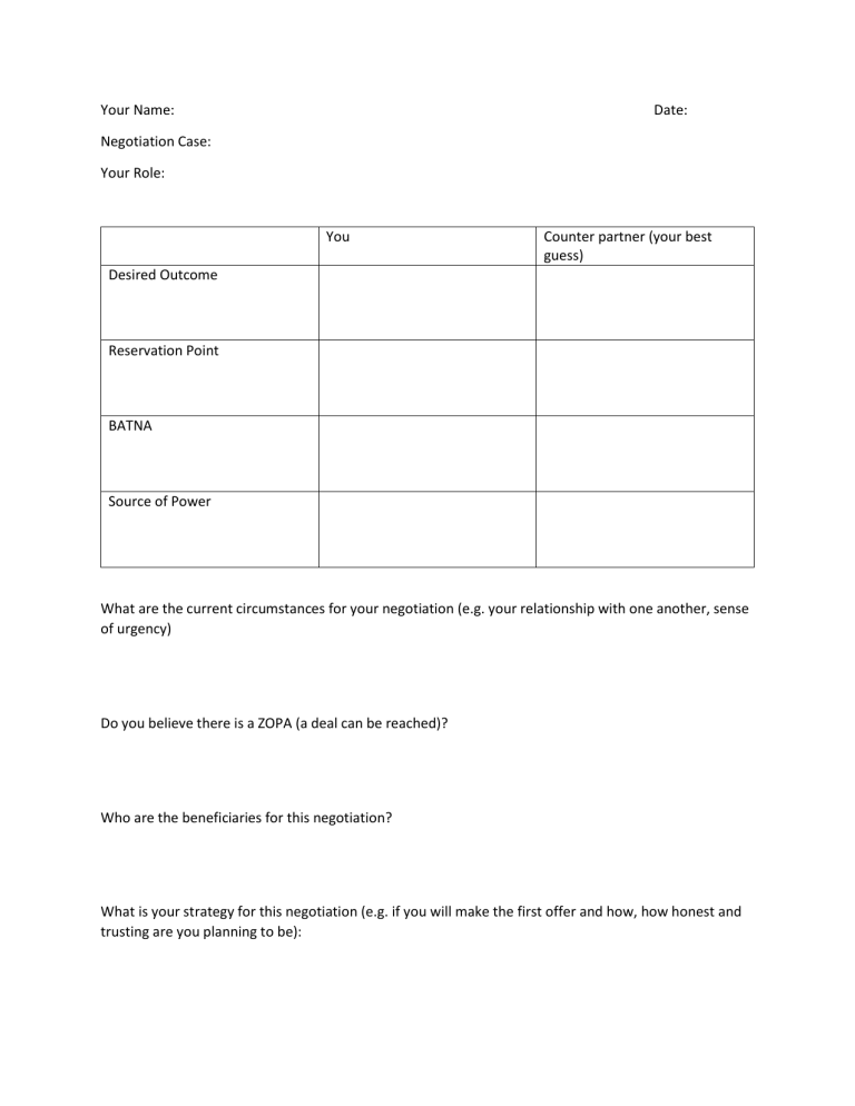Negotiation Case Preparation Worksheet | Strategy & Planning Template