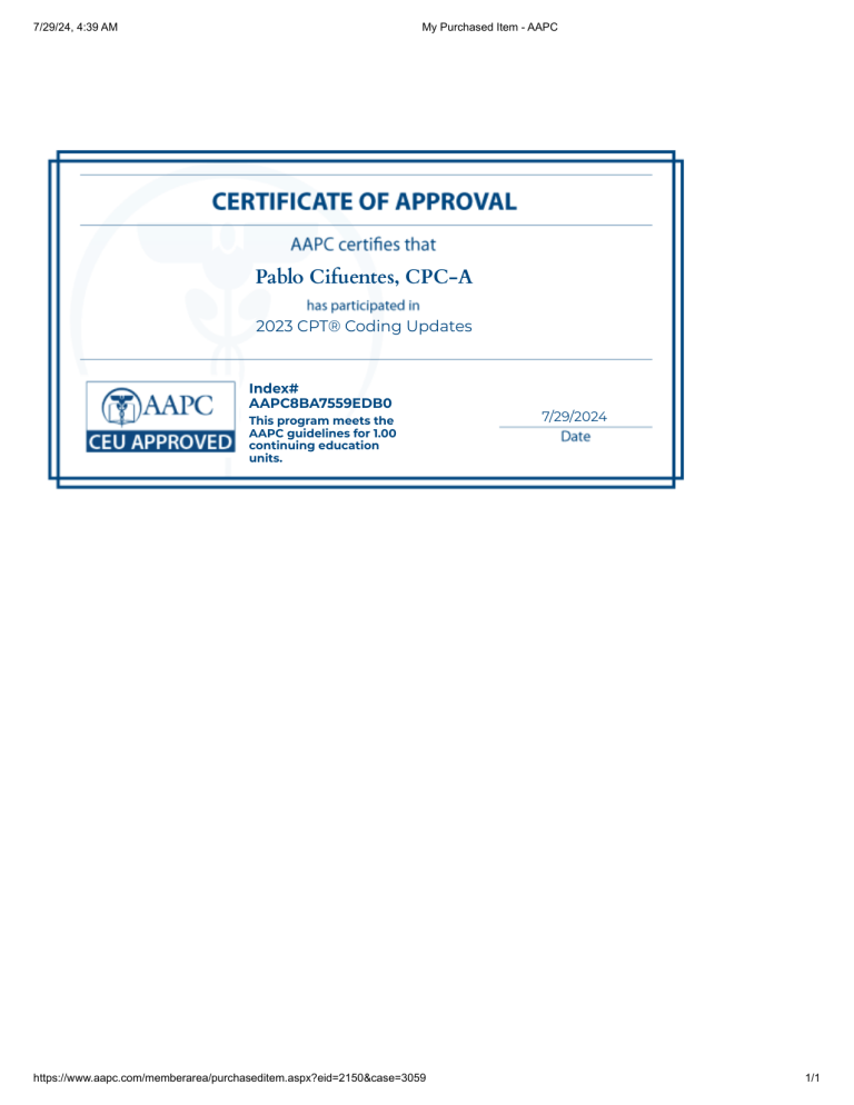 AAPC 2023 CPT Coding Updates Certificate - Pablo Cifuentes, CPC-A