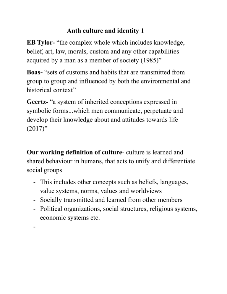 Culture and Identity: Anthropology Lecture Notes
