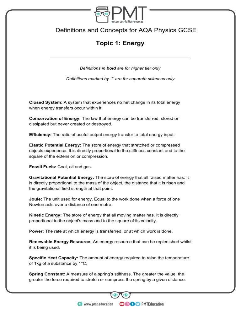 AQA Physics GCSE Energy Definitions & Concepts