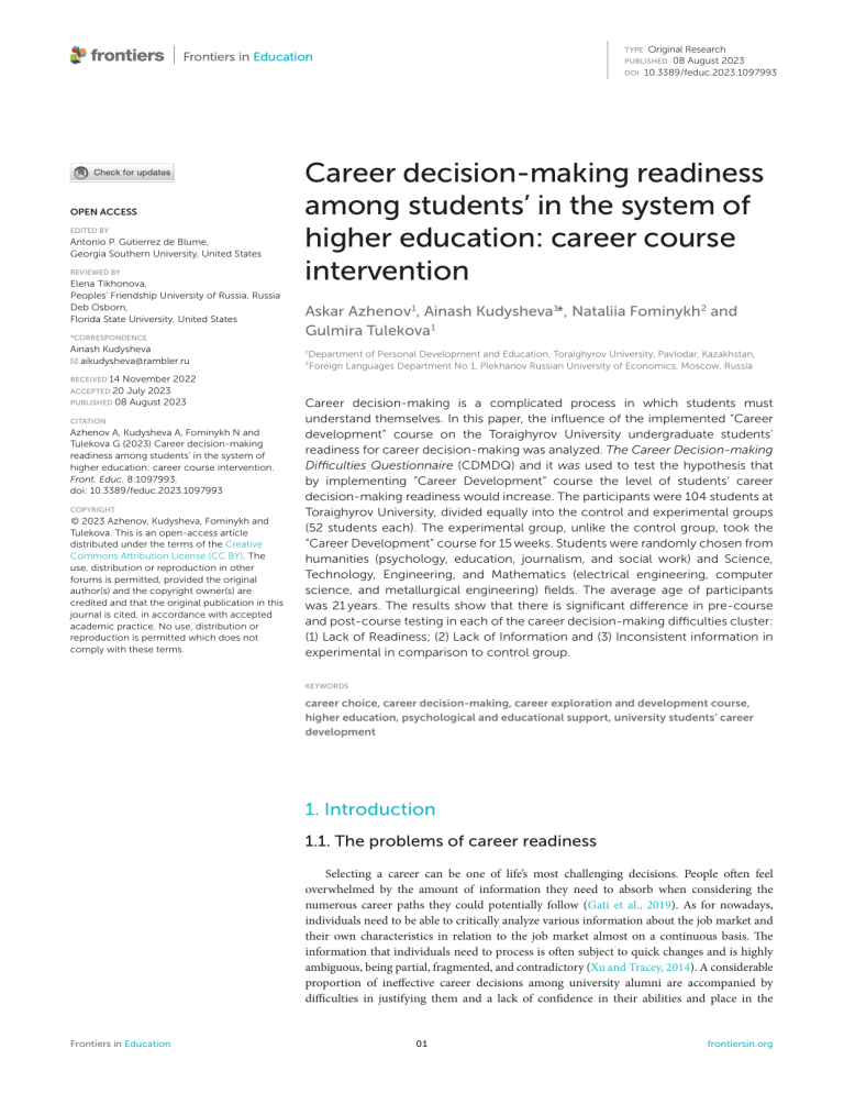 Career Decision-Making Readiness: Course Intervention