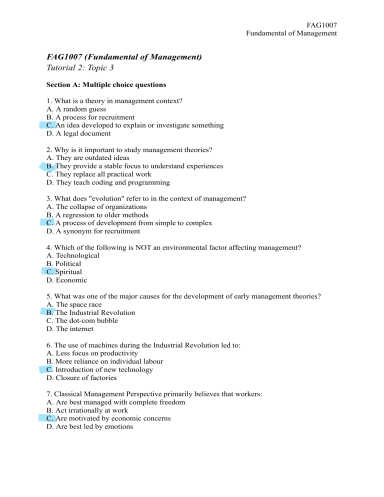 Fundamental Management Theories: Tutorial & Questions