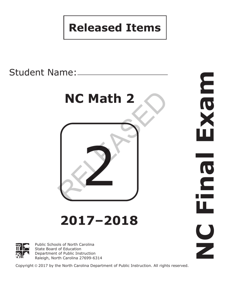 NC Math 2 Released Items Exam 2017-2018