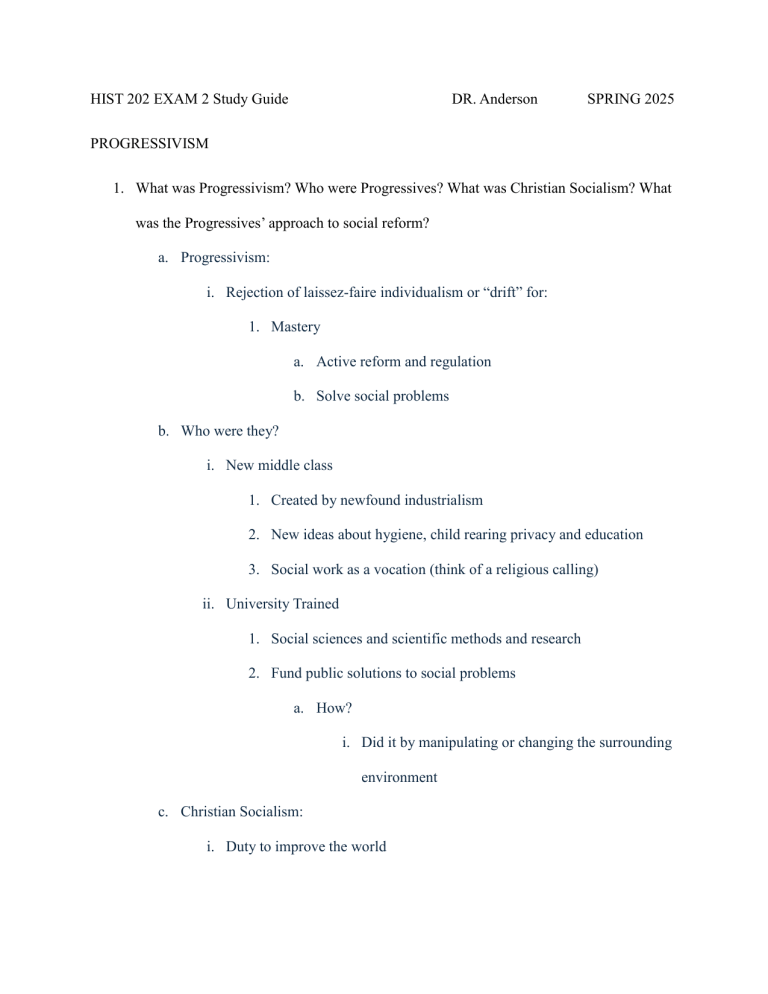 Progressivism & WWI Study Guide - HIST 202 Exam Prep
