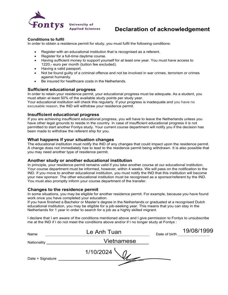 Fontys Residence Permit Declaration - Student Acknowledgment