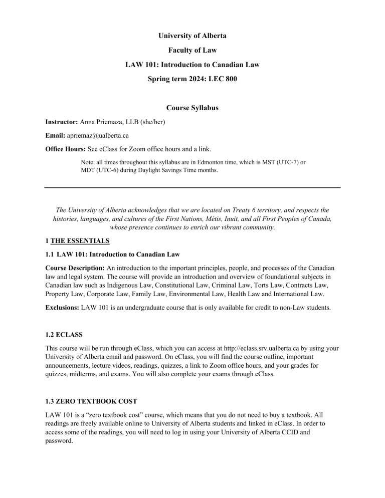 LAW 101 Syllabus: Intro to Canadian Law - UAlberta