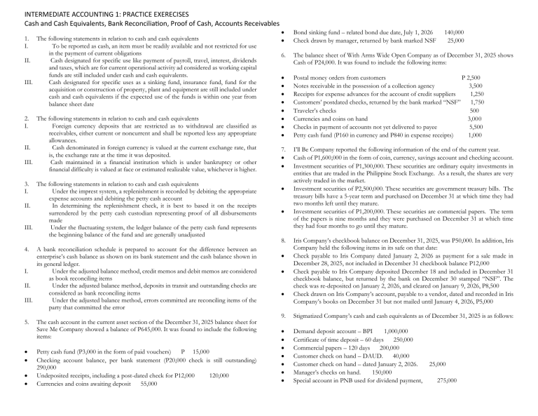 Intermediate Accounting Practice Exercises: Cash & Receivables