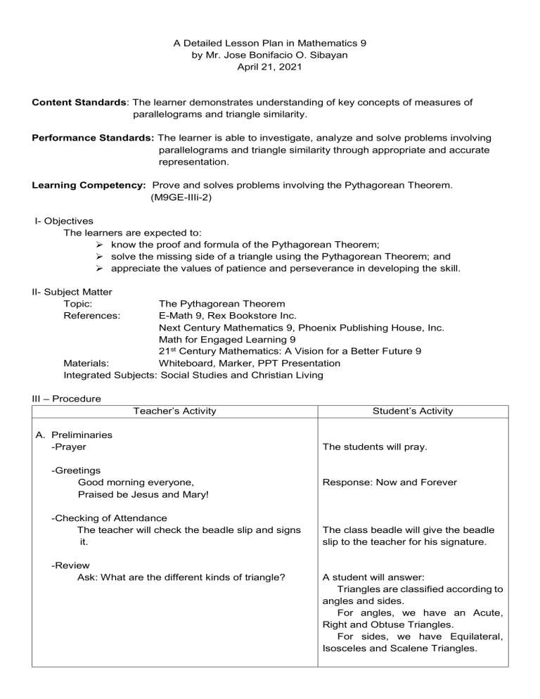 Pythagorean Theorem Lesson Plan - Math 9