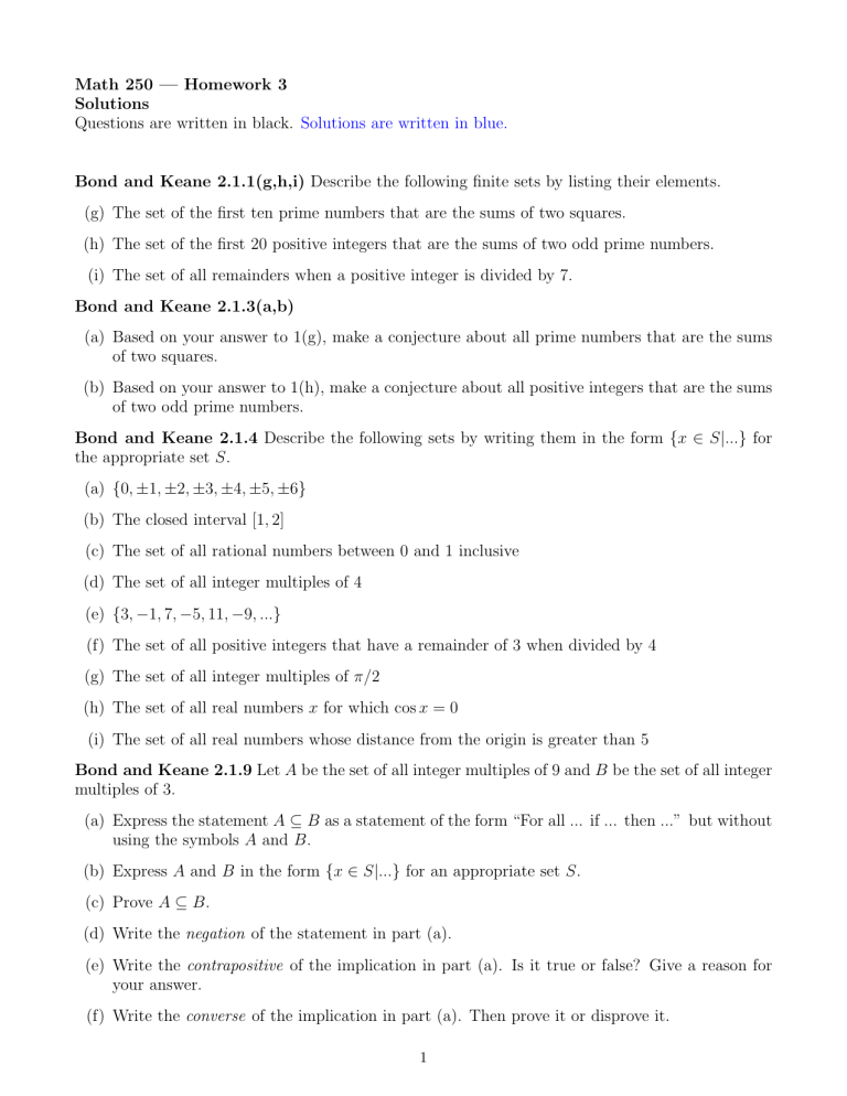 Math 250 Homework 3 Solutions: Set Theory & More