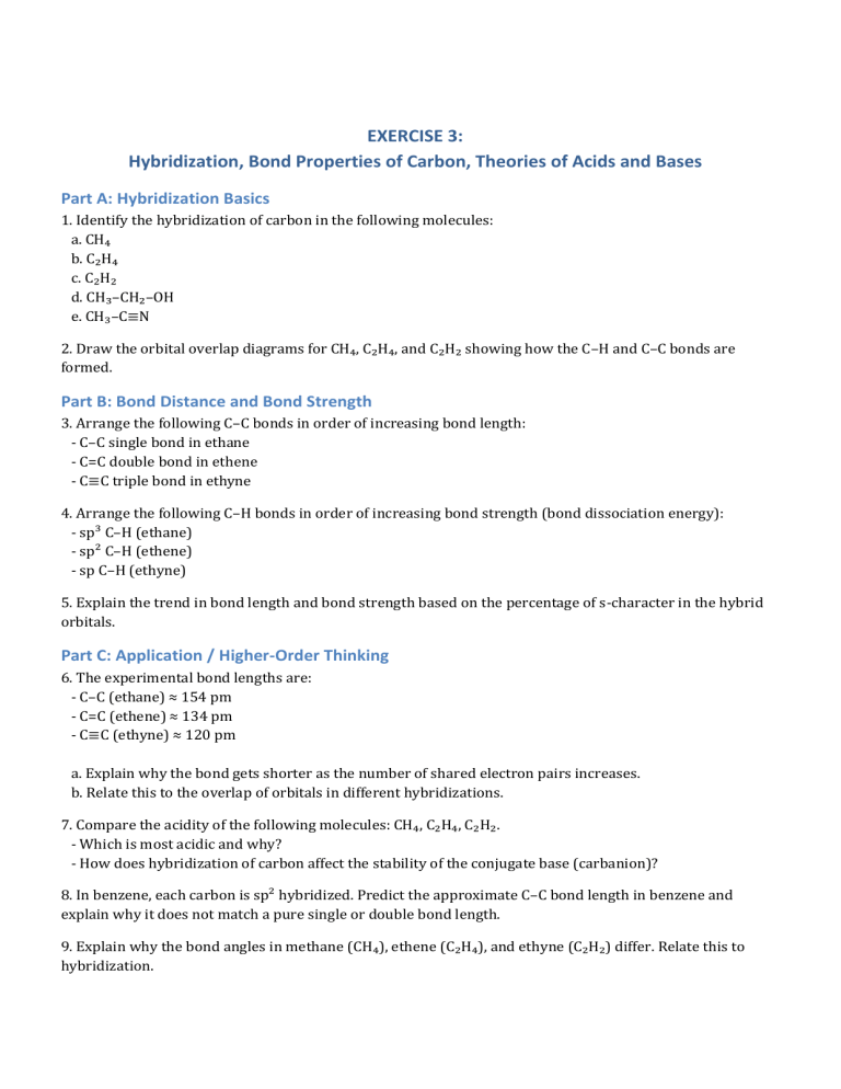 Hybridization, Bonds, Acids & Bases: Organic Chemistry Exercises