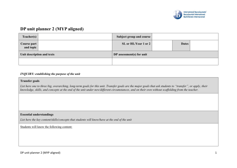 DP Unit Planner (MYP Aligned)
