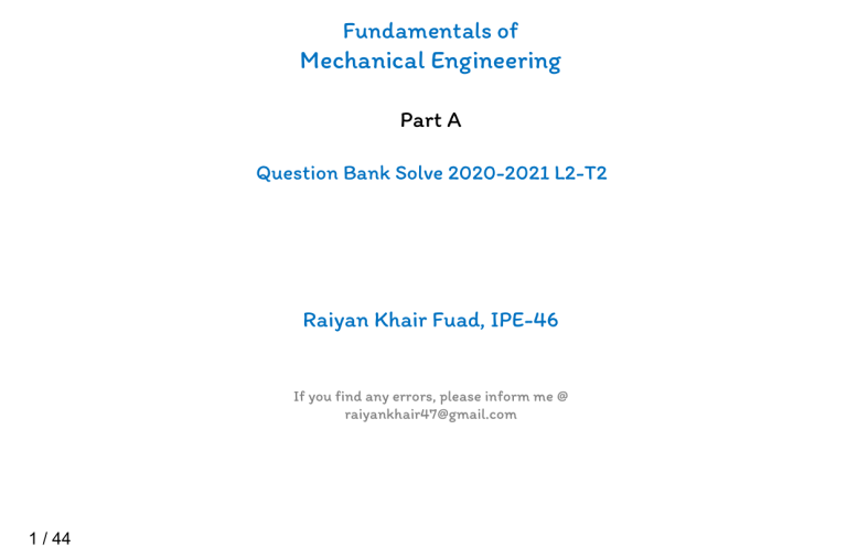 Mechanical Engineering Question Bank: Statics & Mechanics