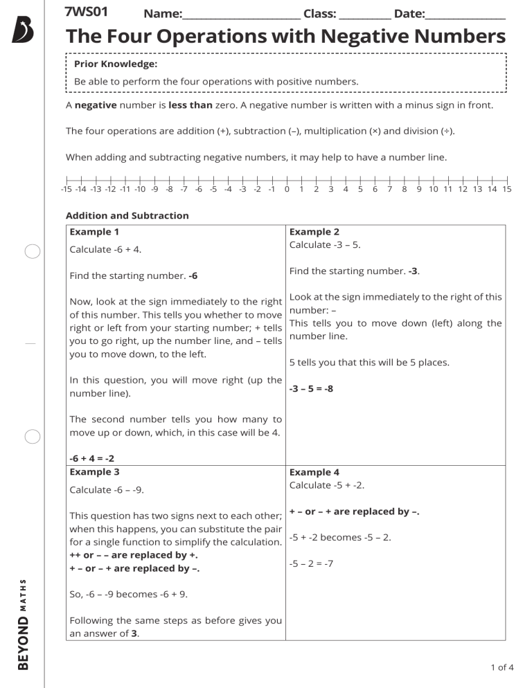 The Four Operations with Negative Numbers Worksheet