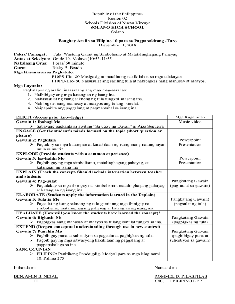 Filipino 10 Lesson Plan: Symbolism & Figurative Language