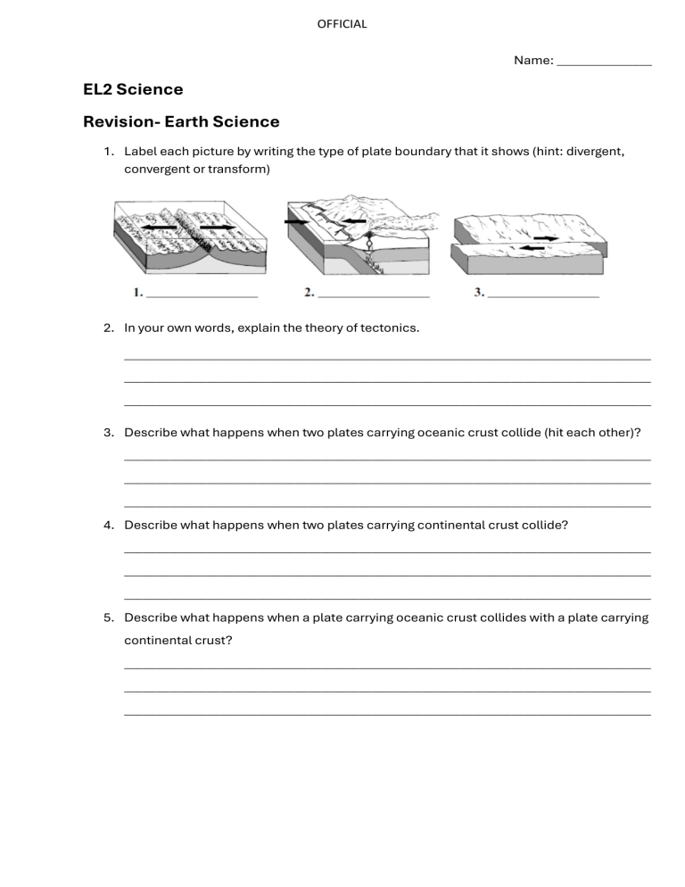 Earth Science Revision Worksheet: Plate Tectonics & Boundaries