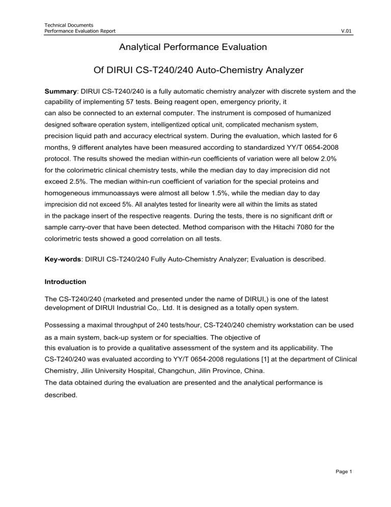 DIRUI CS-T240/240 Analyzer Performance Evaluation Report