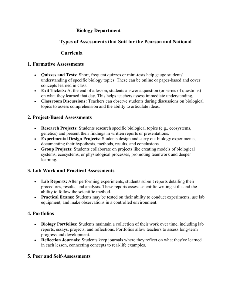 Biology Assessments: Types for Pearson & National Curricula