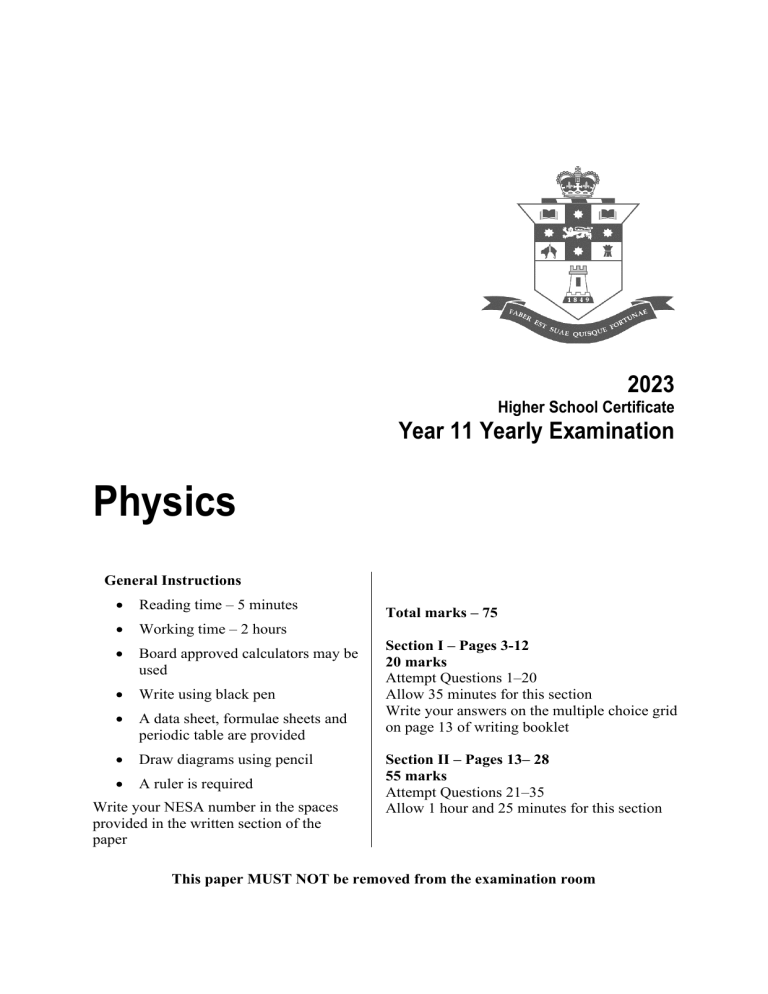 2023 Year 11 Physics Yearly Exam - Higher School Certificate