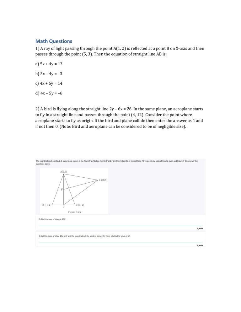 Math Questions: Coordinate Geometry, Lines, Reflection & Area