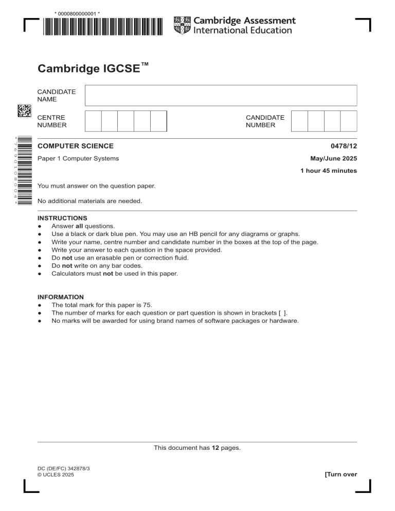 Cambridge IGCSE Computer Science 0478/12 Paper 1 Exam (May/June 2025)