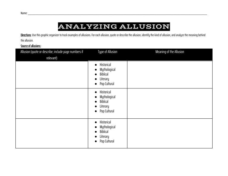 Analyzing Allusion Graphic Organizer | Literary Device Worksheet