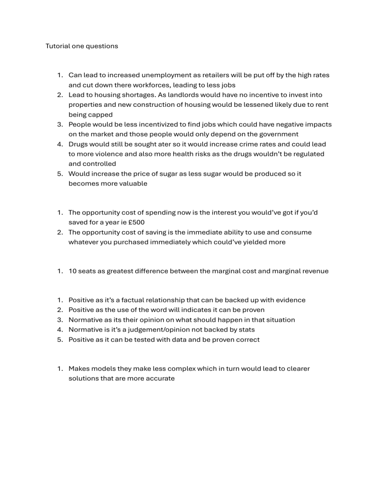 Economics Tutorial One Questions & Answers - Microeconomics Concepts