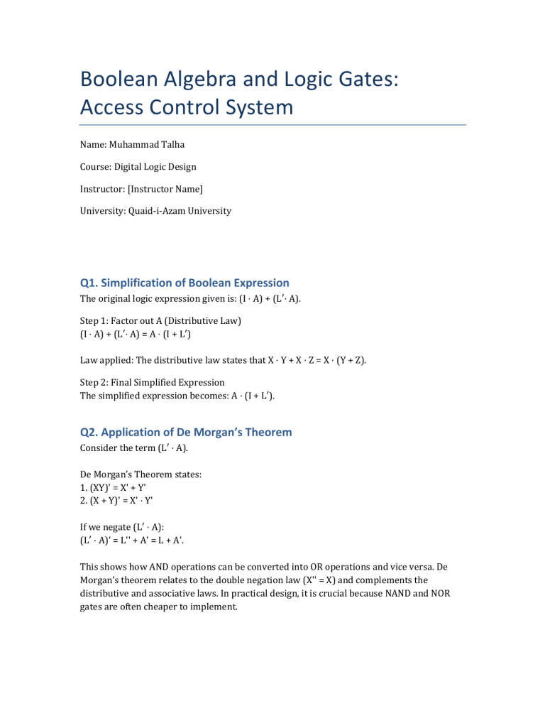 Boolean Algebra & Logic Gates: Access Control System Simplification
