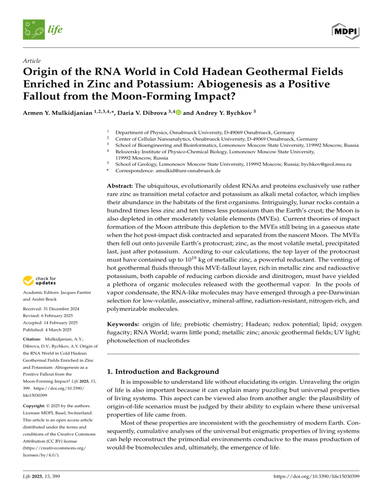 RNA World Origin: Hadean Geothermal Fields, Zinc, Potassium & Moon Impact