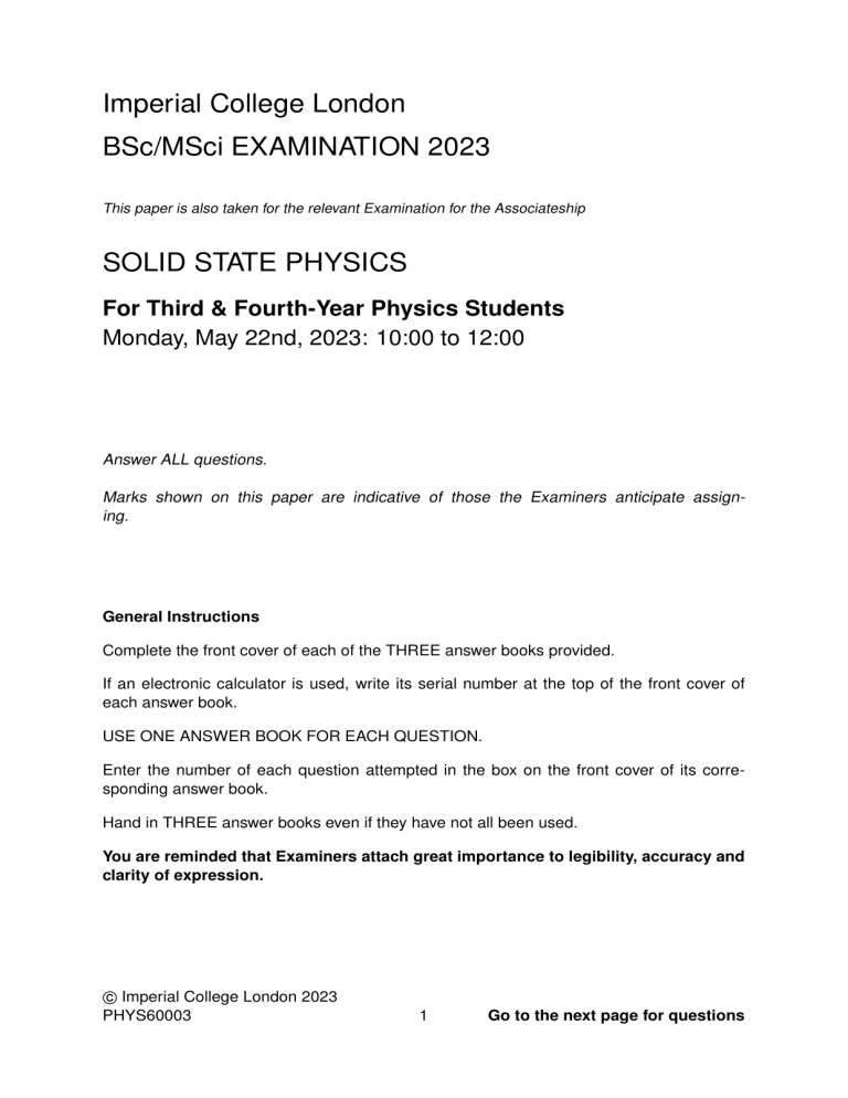 Imperial College London Solid State Physics Exam 2023 - BSc/MSci