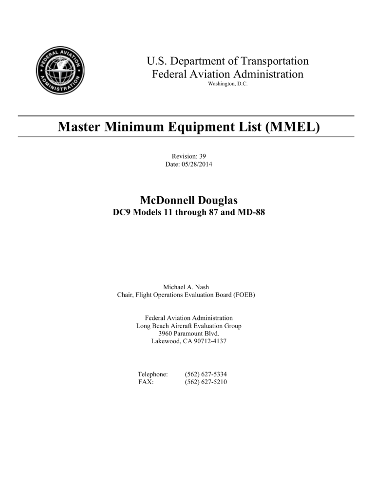 DC9 MMEL: Master Minimum Equipment List, Revision 39