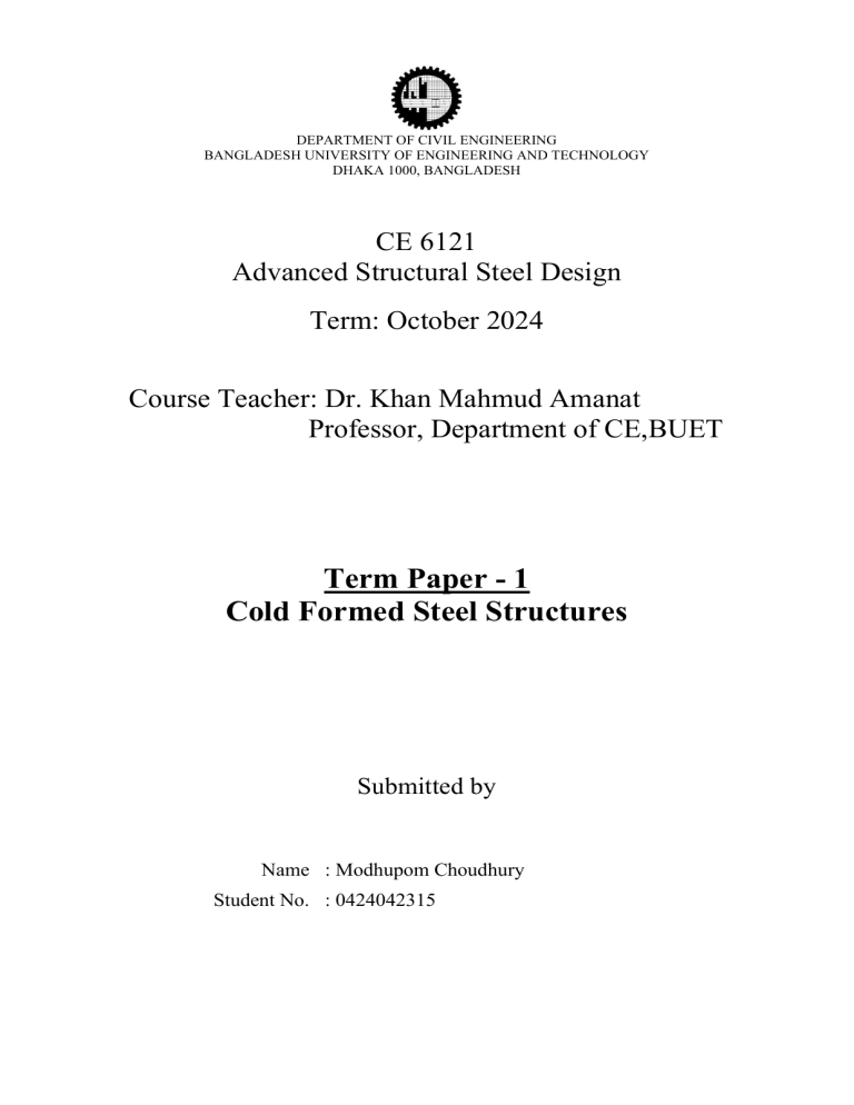 Cold Formed Steel Structures: Design & Applications