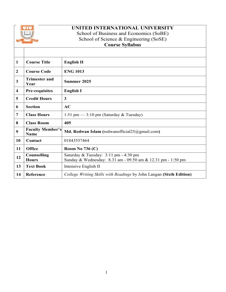 English II Course Syllabus - UIU Summer 2025