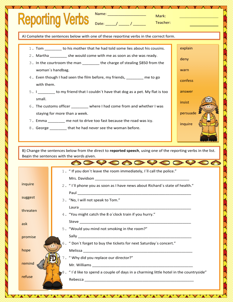 Reported Speech Worksheet: Grammar Practice
