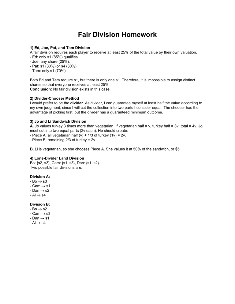 Fair Division Homework: Methods and Examples
