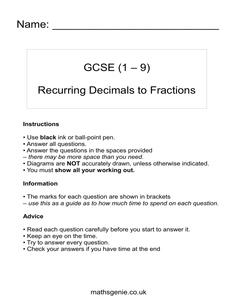 GCSE Maths: Recurring Decimals to Fractions Worksheet & Proofs