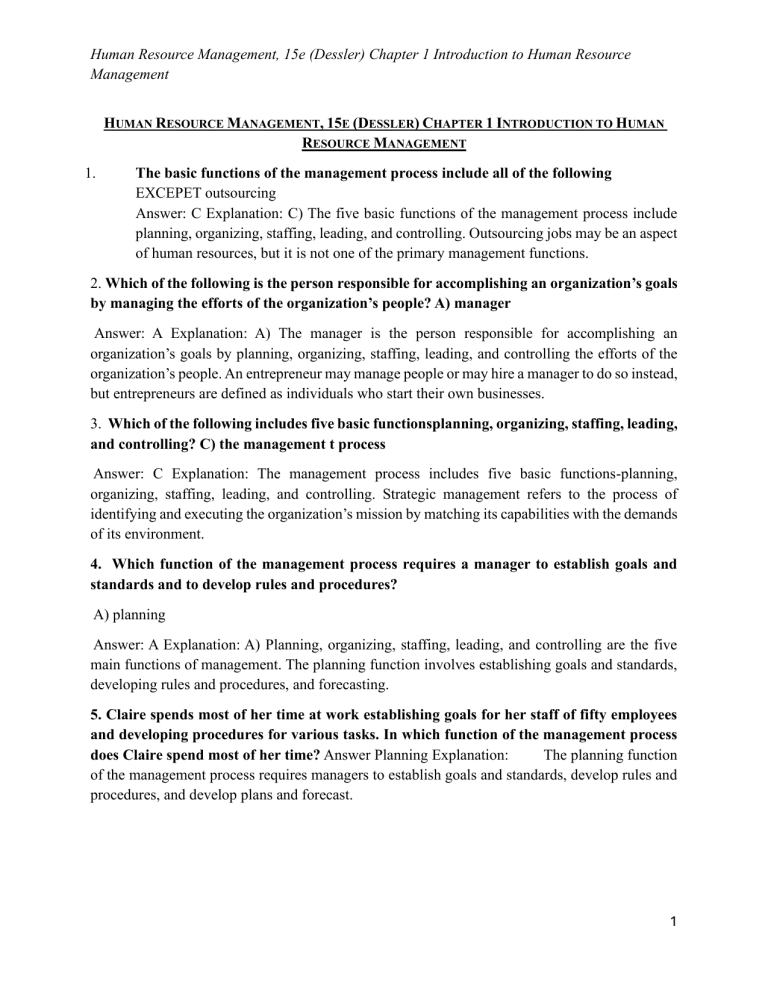 Human Resource Management (Dessler) Chapter 1: Introduction to HRM