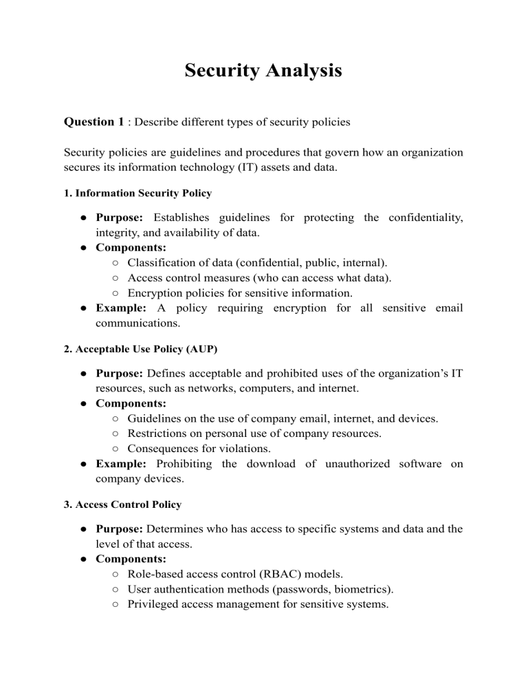 Security Analysis: Policies, Risk Reduction, and Data Privacy