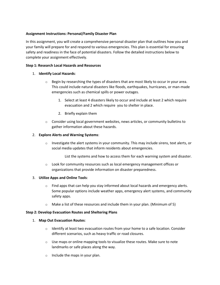 Personal/Family Disaster Plan Assignment Instructions