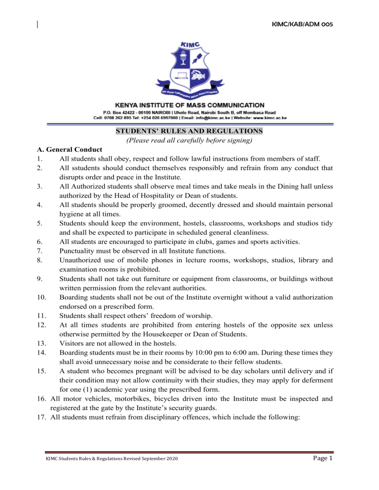 KIMC Students' Rules & Regulations 2020 | General Conduct & Policies