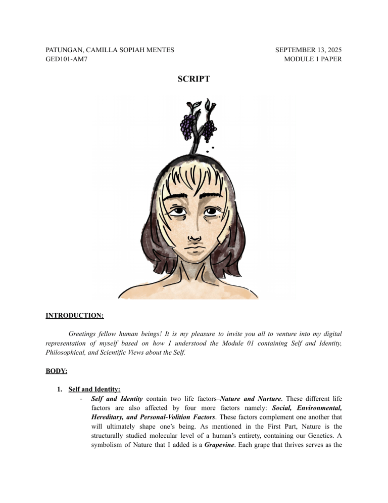 Self, Identity, Philosophy, and Science Script