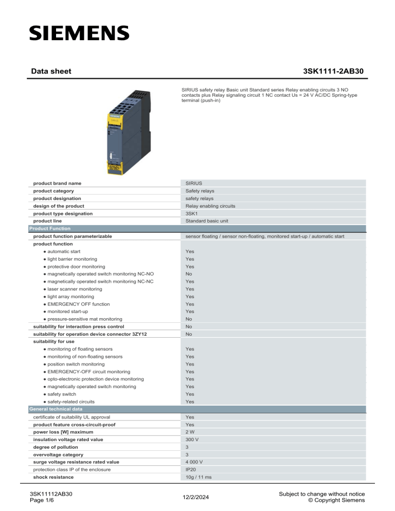SIRIUS 3SK1111-2AB30 Safety Relay Data Sheet