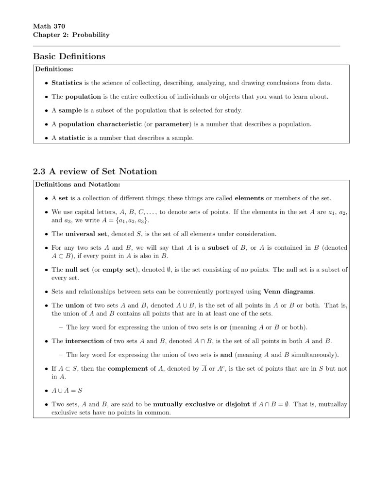 Math 370: Probability Definitions & Set Notation