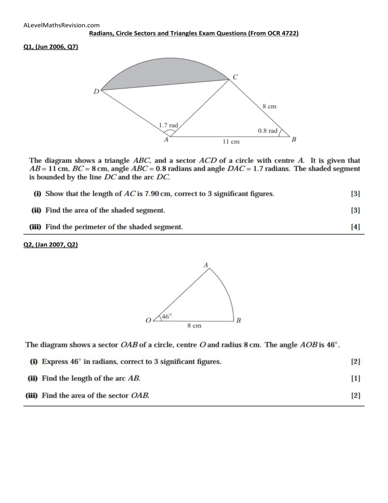 Radians, Circle Sectors & Triangles Exam Questions (OCR 4722)